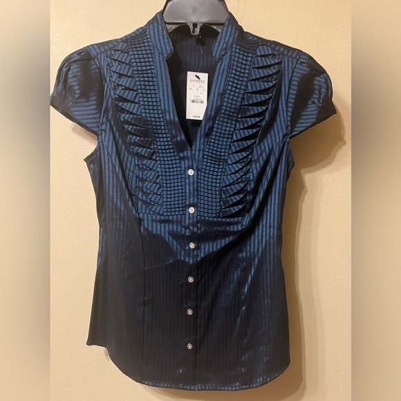Express | Tops | Express Pleated Blouse Blue Striped Xs Nwt | Poshmark